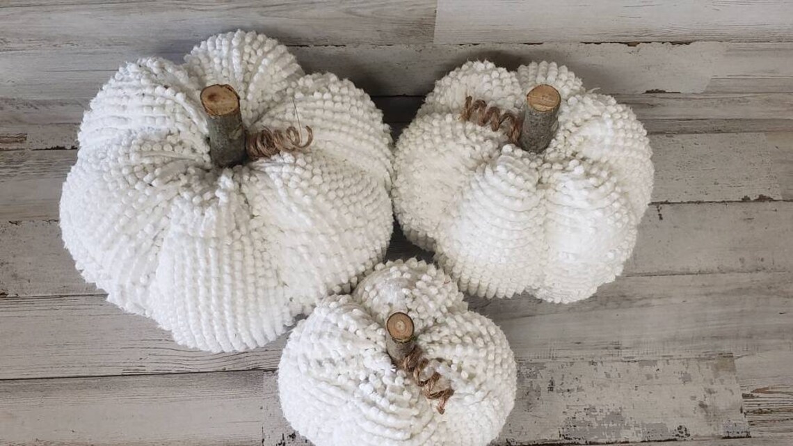 White Chenille Pumpkins Handmade, Rustic Fall Decorations Autumn Decor ...