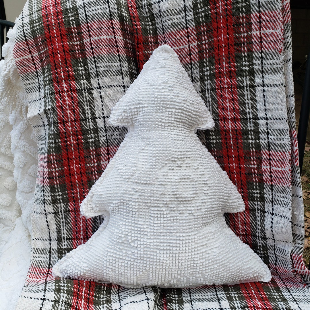 White Chenille Christmas Tree Pillow, Winter Decor, Holiday Decorations ...