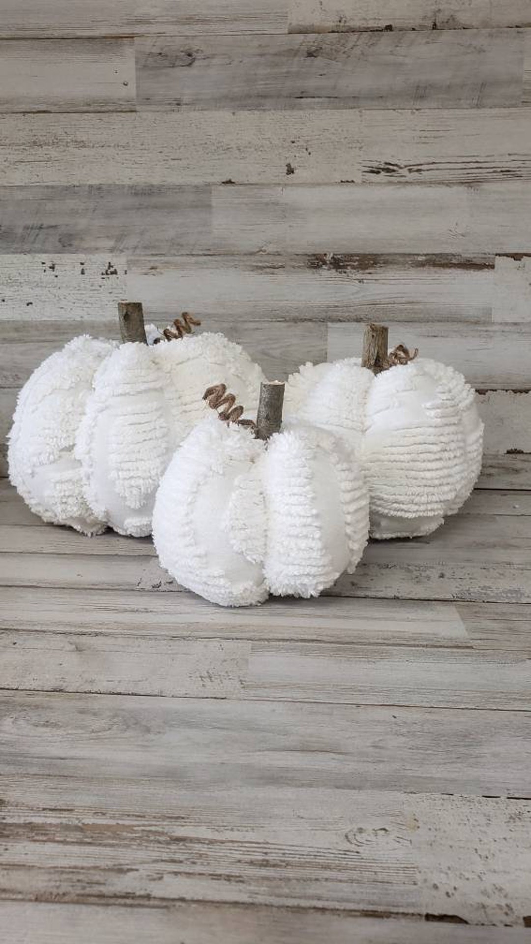 Set of 3 White Chenille Pumpkins Handmade, Rustic Fall Decorations ...