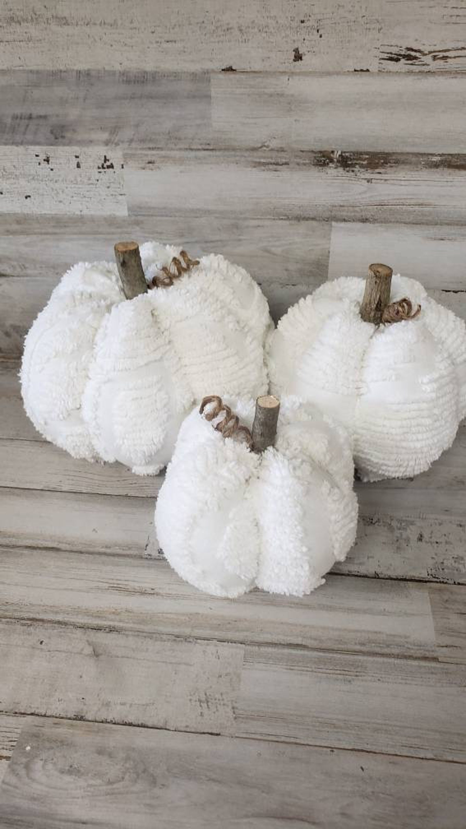 Set of 3 White Chenille Pumpkins Handmade, Rustic Fall Decorations ...