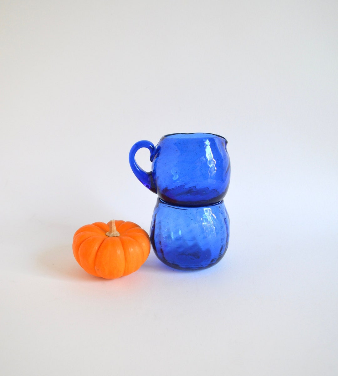Vintage Mexican Handblown Blue Glass Creamer & Sugar Bowl - Etsy