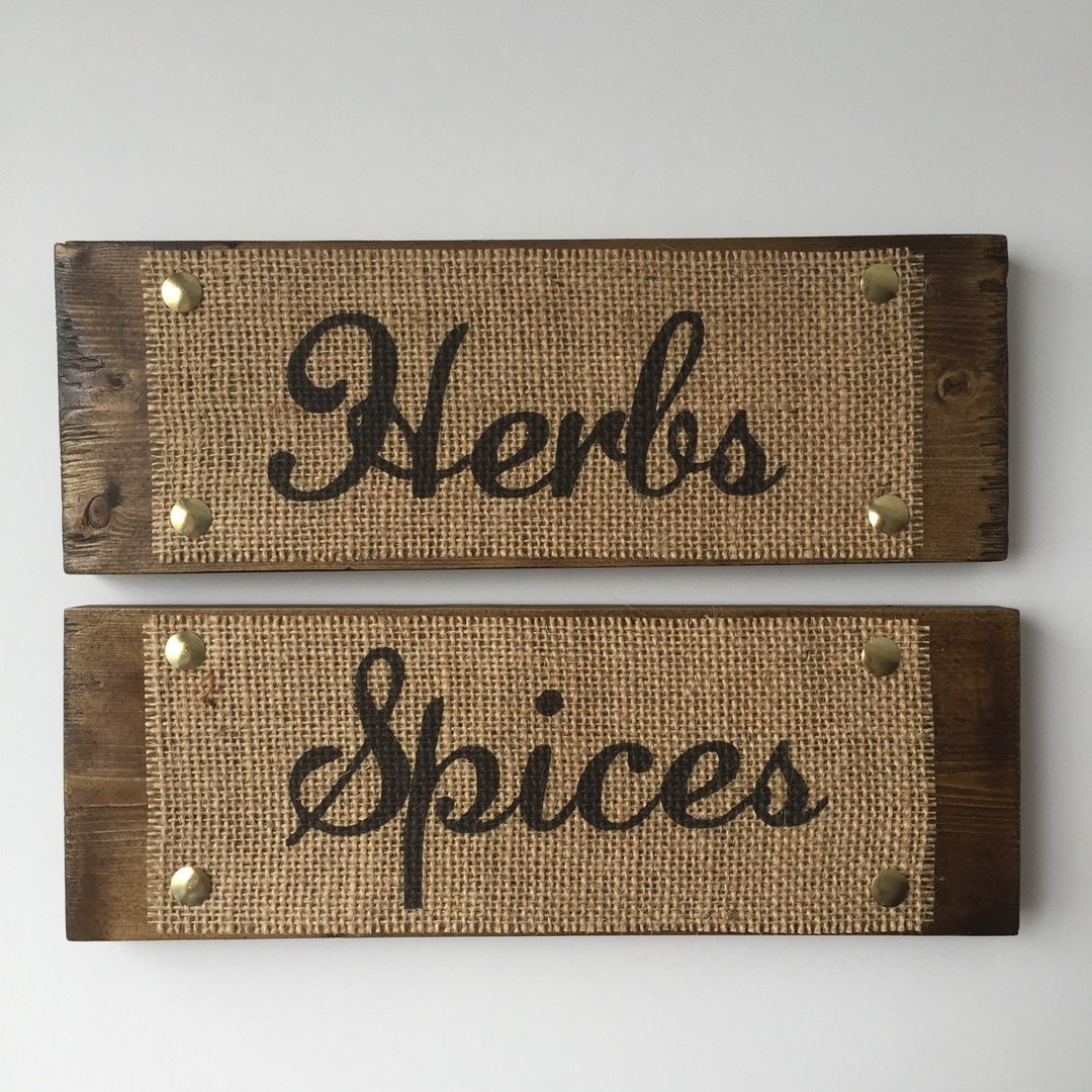 HERBS & SPICES *set of 2* Wood Sign Burlap Print Rustic Country Style ...