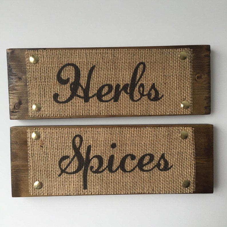 HERBS & SPICES set of 2 Wood Sign Burlap Print Rustic - Etsy