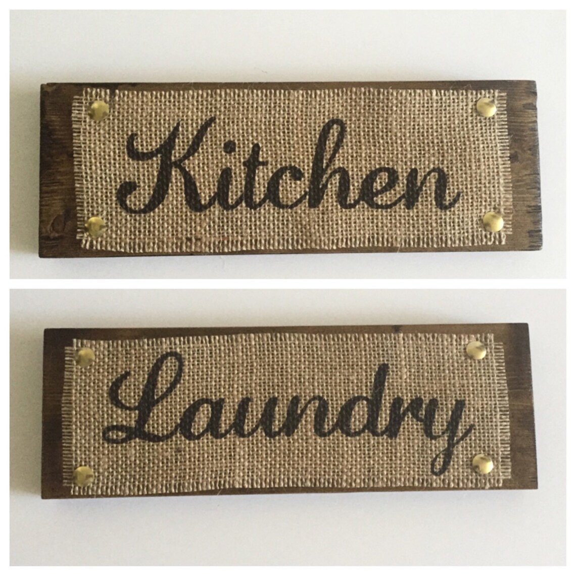 KITCHEN & LAUNDRY *set of 2* Wood Sign Burlap Print Rustic Country ...
