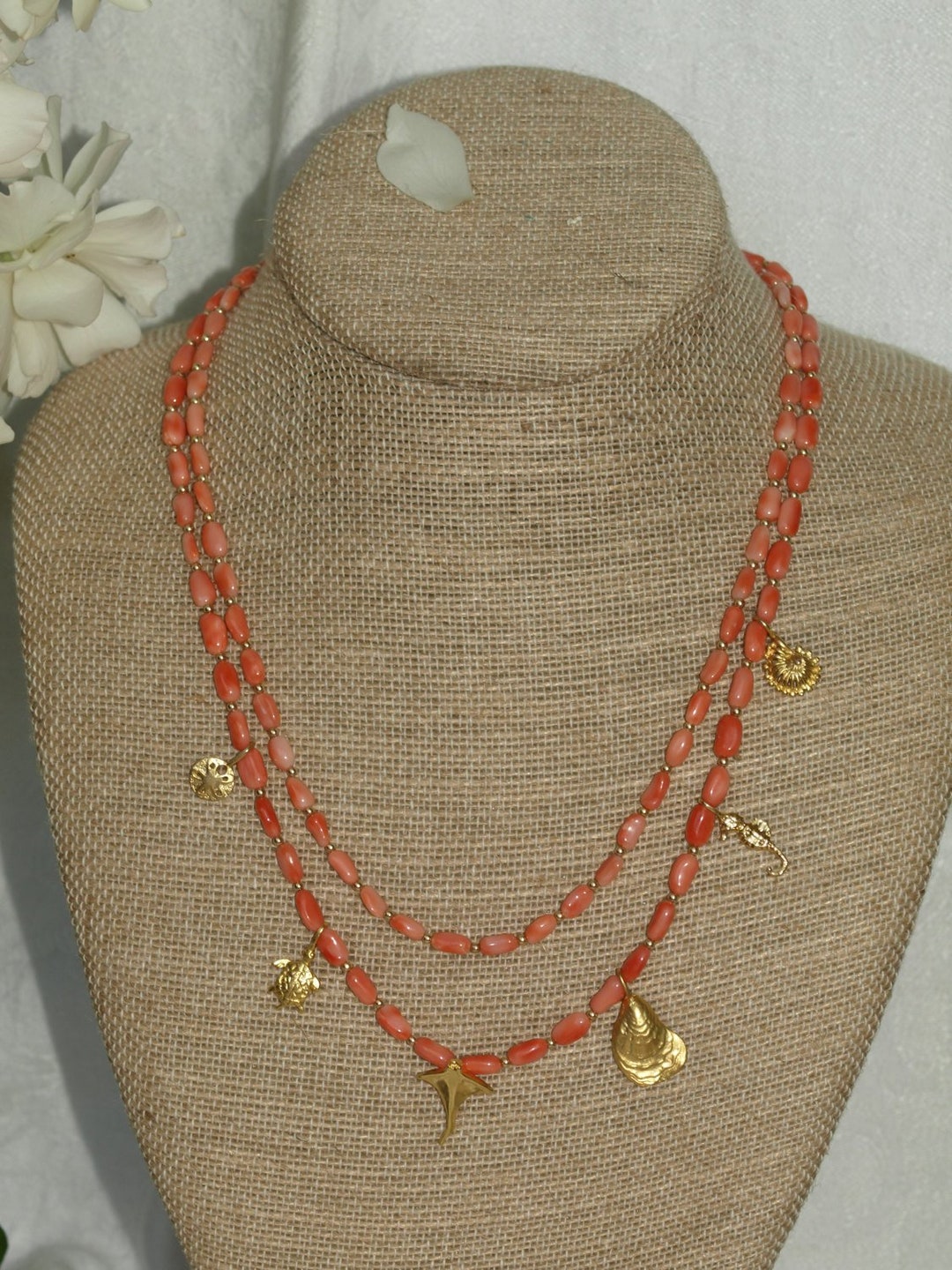 Double String Necklace With Vintage, Tube Shaped, Natural Salmon ...