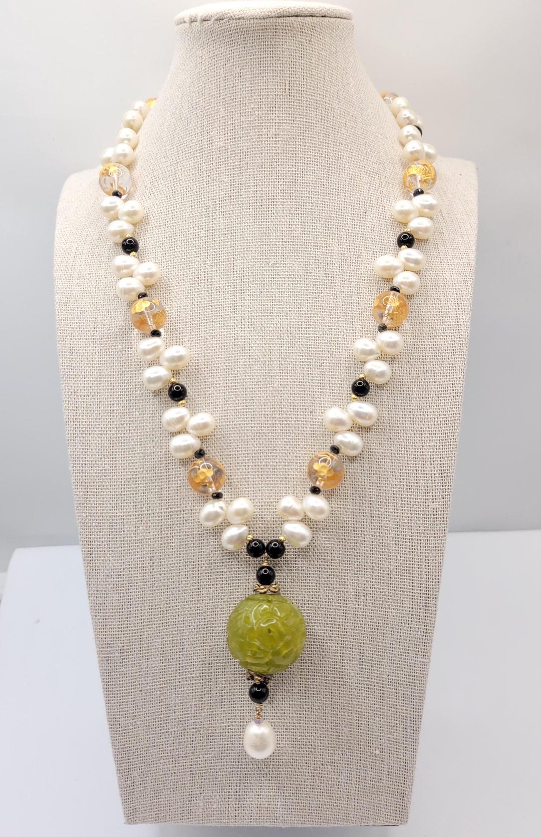 Lime Green Jade Sphere Pendant, Freshwater Pearl, Onyx, Dragon Necklace ...
