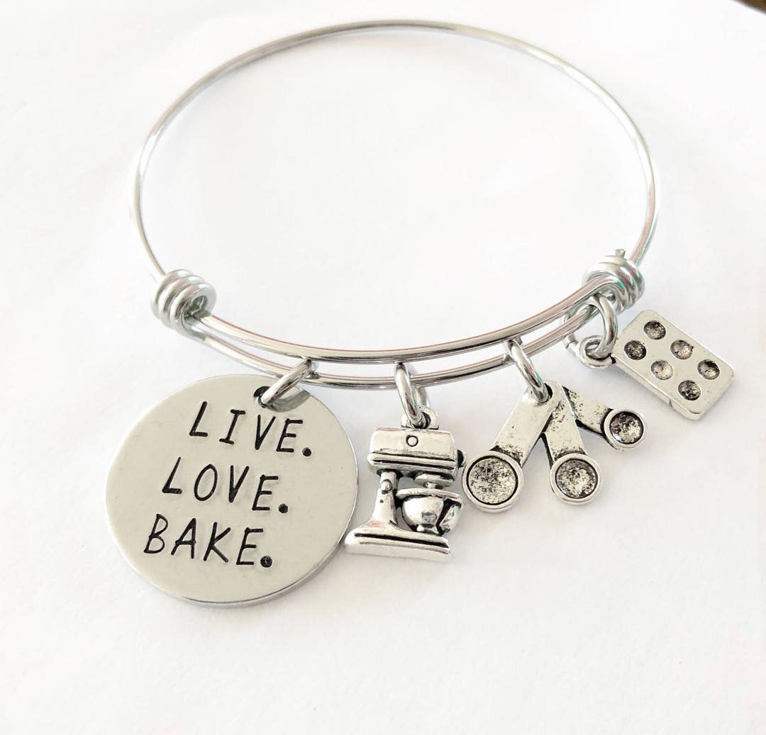 Hand Stamped Jewelry, Gift for Baker, Baking Bracelet, Live Love Bake ...
