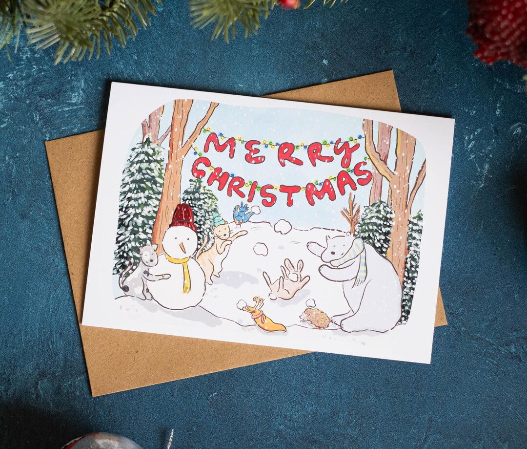 Merry Christmas Animal Snowball Fight Cards Cozy Snowy Winter Cards ...