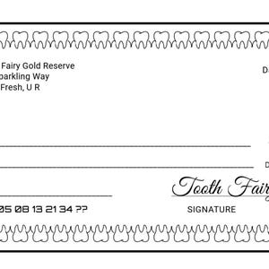 Tooth Fairy Check Printable Cheque Editable Downloadable - Etsy