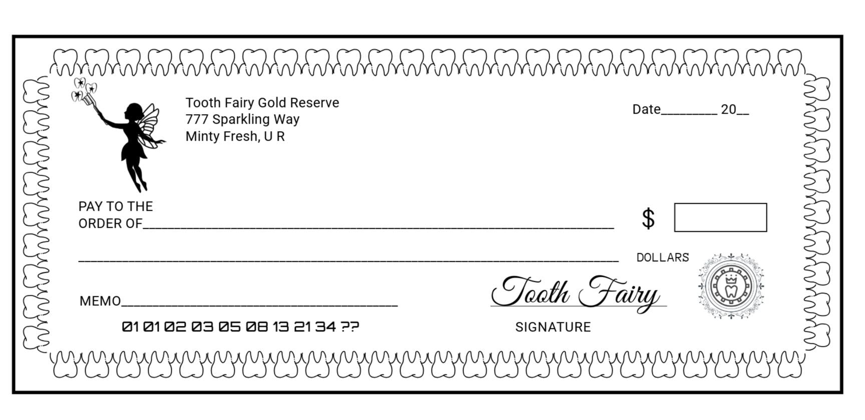 Tooth Fairy Check Printable Cheque Editable Downloadable - Etsy