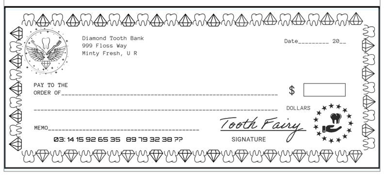 Tooth Fairy Check Printable Cheque Editable Downloadable - Etsy