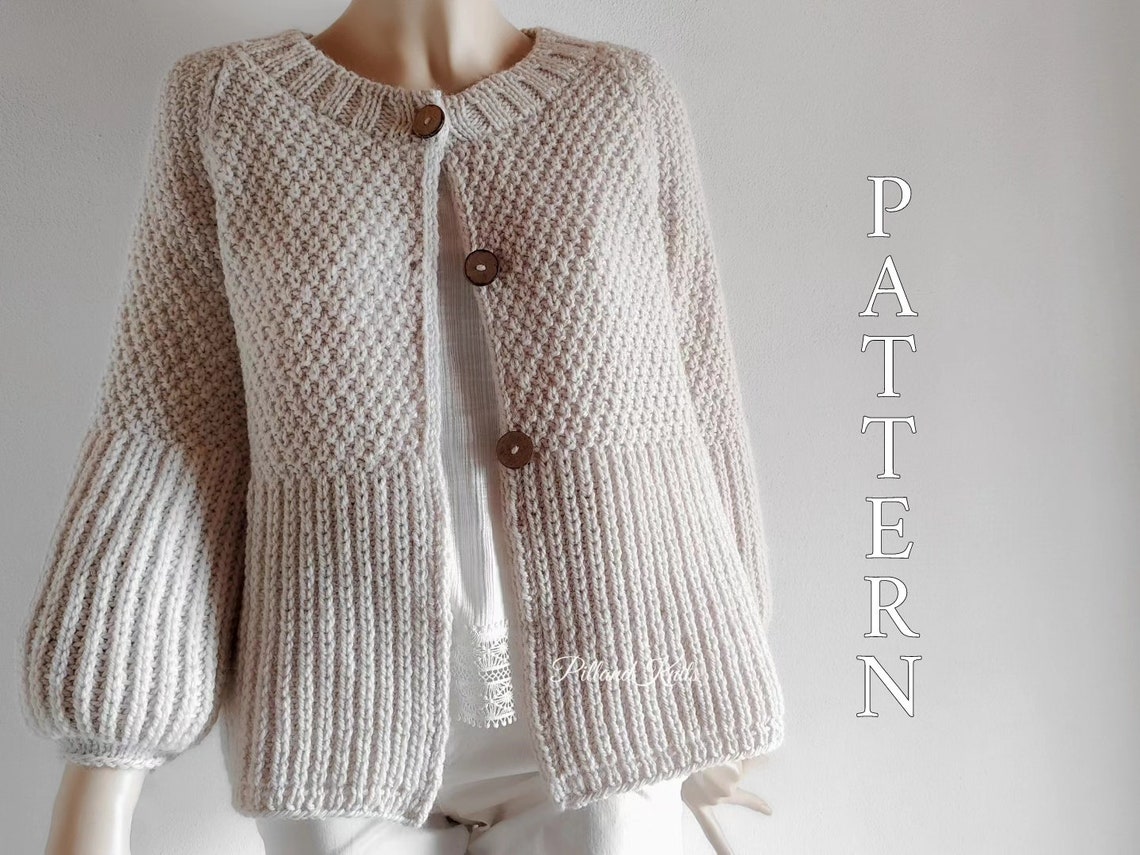 Puff Sleeve Cardigan Pattern Three Quarter Balloon Sleeve Jacket PDF ...