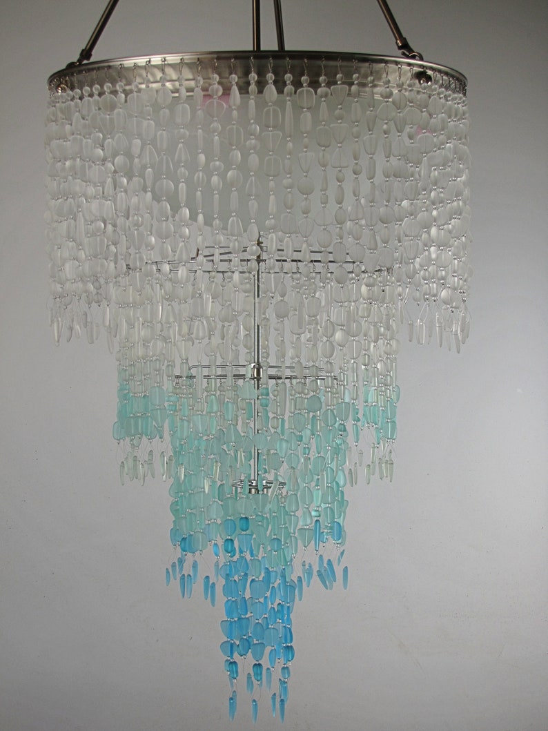 Sea Glass Chandelier: Coastal Beach House Lighting, 42" Waterfall ...