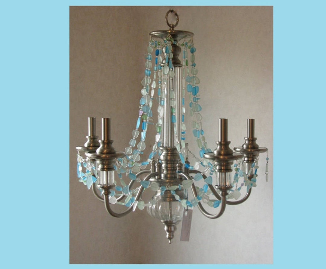 Sea Glass Chandelier Coastal Ceiling Fixture 5 Light Seashore Beach ...