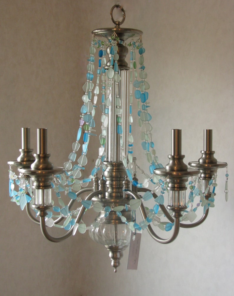 Sea Glass Chandelier Coastal Ceiling Fixture 5 Light Seashore Beach ...