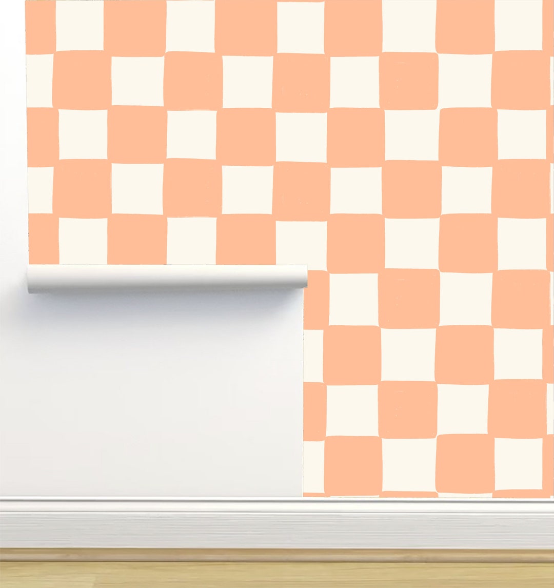 Freehand Checkers Peach Fuzz on Cream Peel and Stick Luxury Wallpaper ...