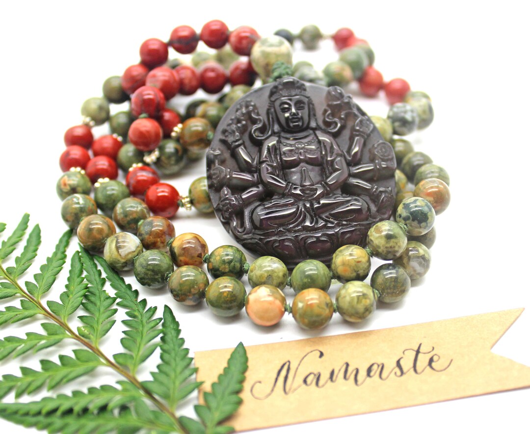 Rainforest Jasper 108 Bead Mala Prayer Beads, Kwan Yin Pendant, 108 ...
