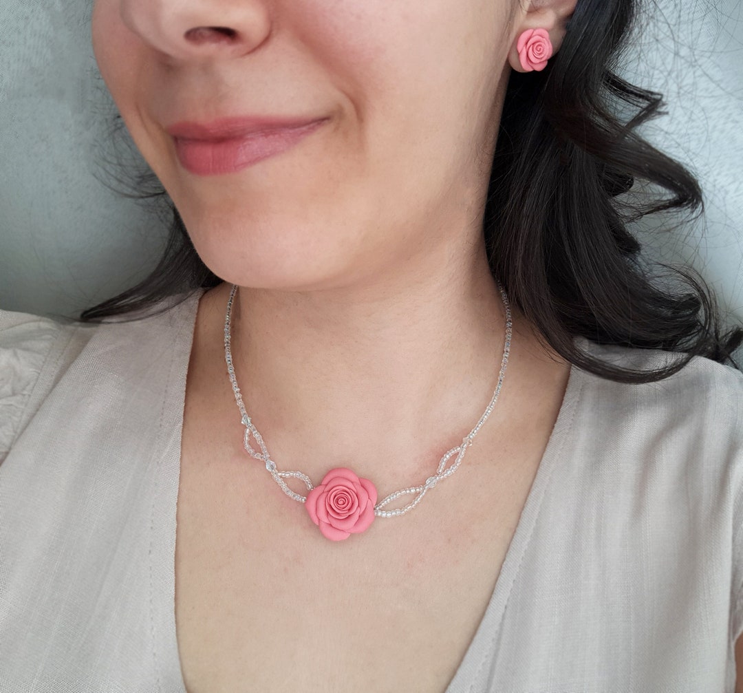 Pink Rose Jewelry Set, Rose Flower Charm Necklace, Rose Flower Stud ...