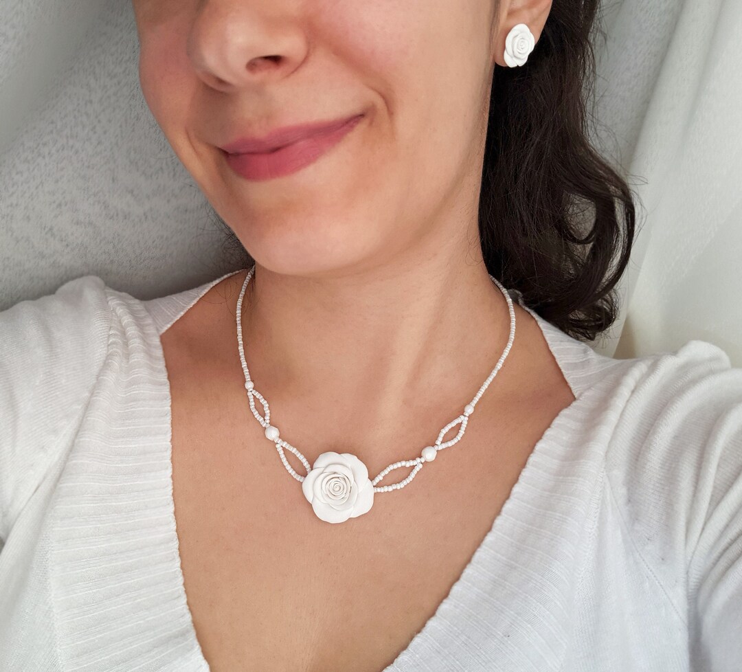 White Rose Flower Jewelry Set Flower Necklace and Stud - Etsy