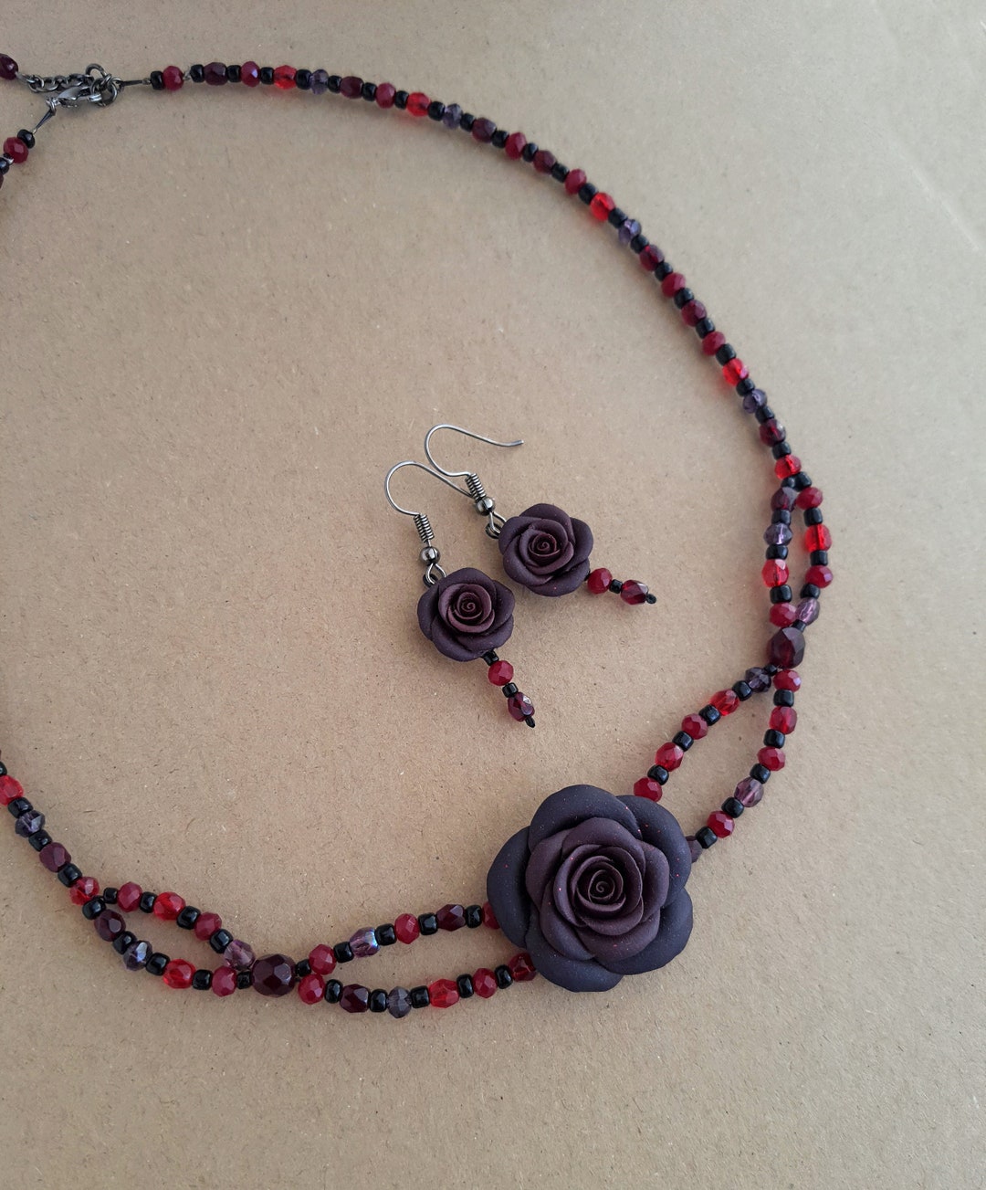 Gothic Rose Flower Jewelry Set - Handmade Polymer Clay Necklace and ...