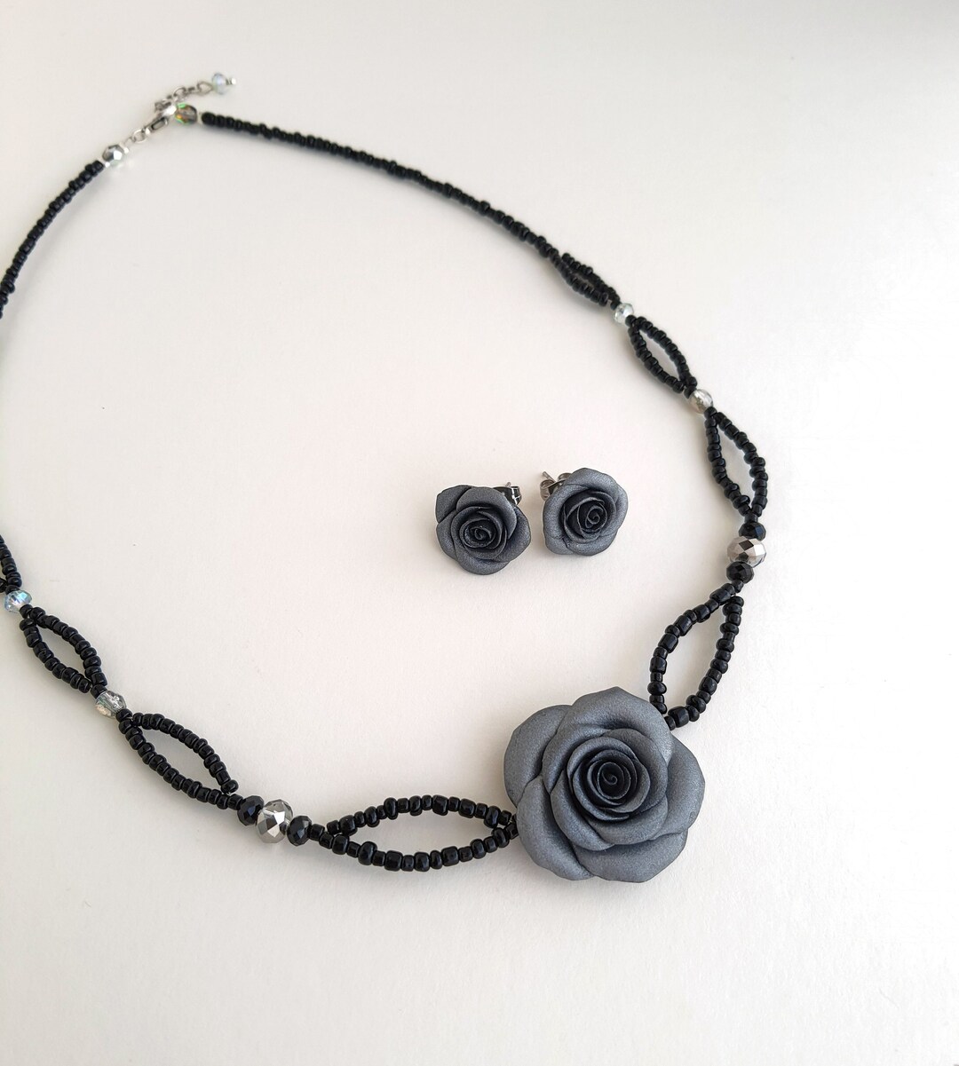Silver Rose Jewelry Set - Choker Necklace - Handmade From Polymer Clay ...