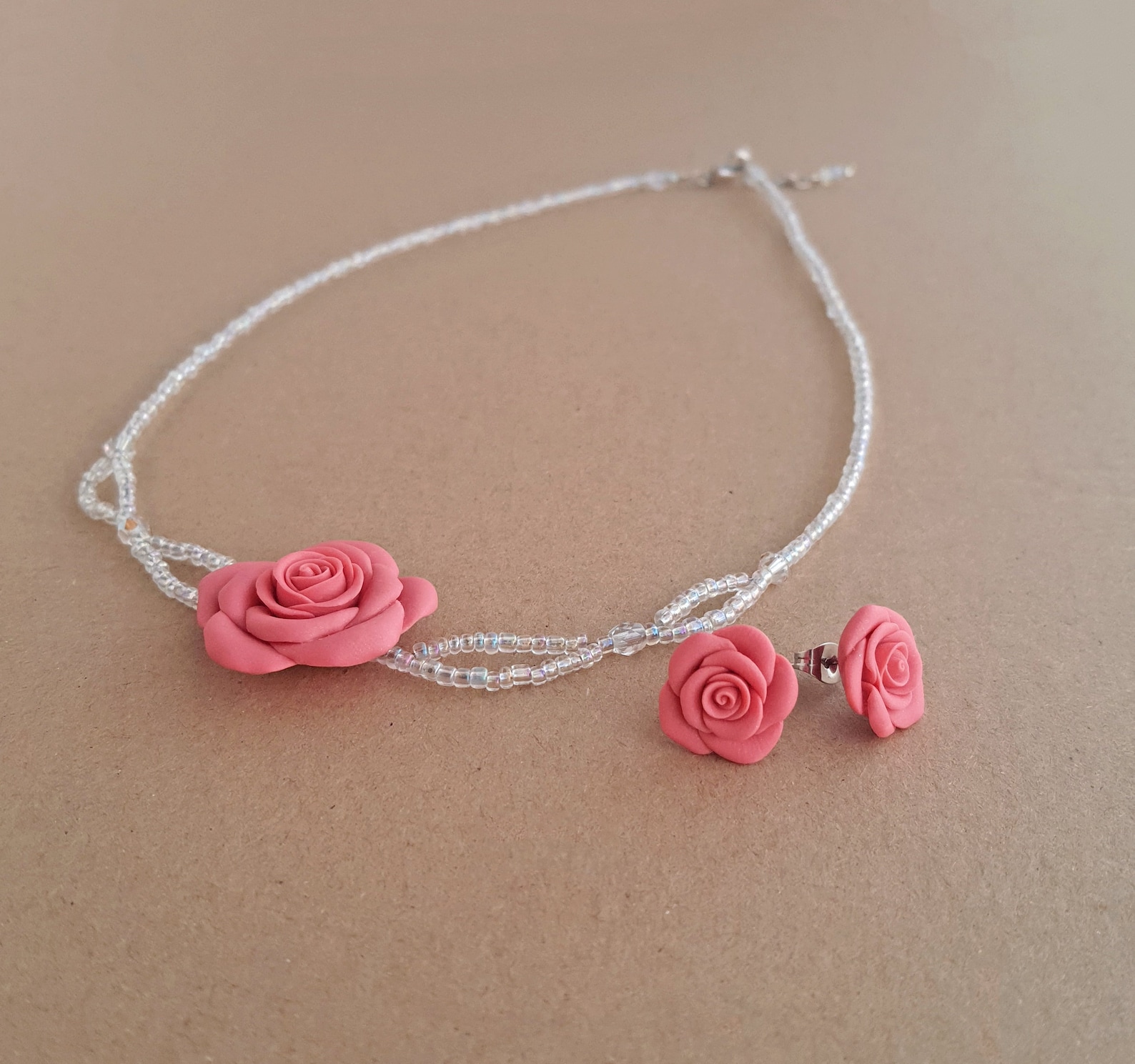 Pink Rose Jewelry Set Rose Flower Charm Necklace Rose Flower - Etsy