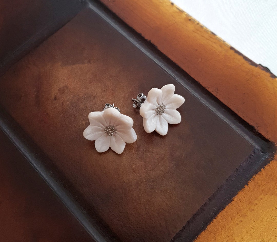 Pearl White Flower Stud Earrings, Flower Studs Handmade From Pearl White Polymer Clay, Flower ...
