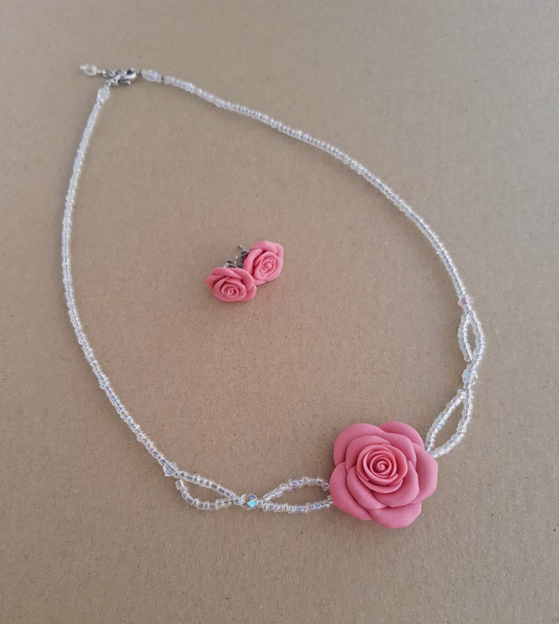 Pink Rose Jewelry Set Rose Flower Charm Necklace Rose Flower - Etsy