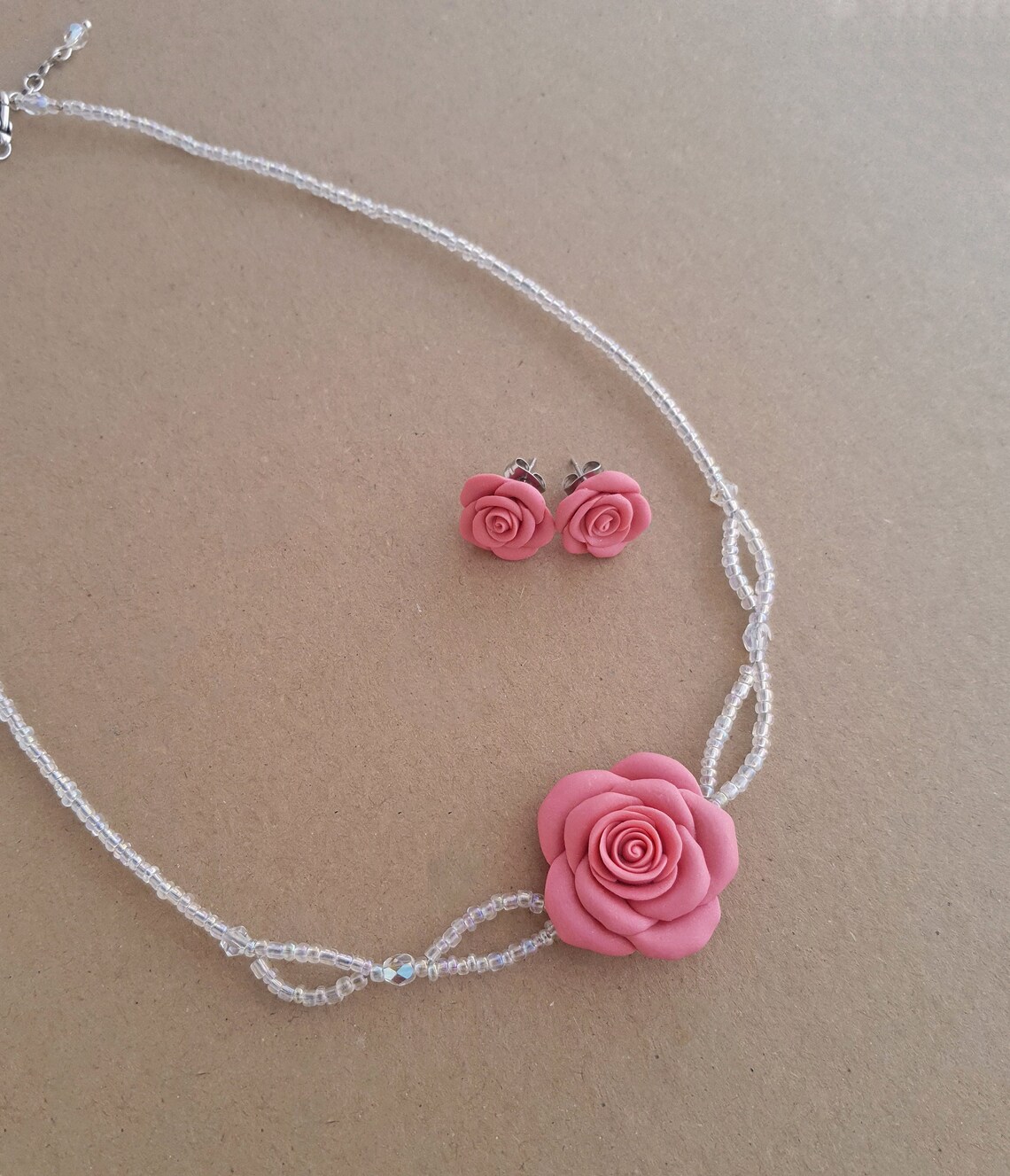 Pink Rose Jewelry Set Rose Flower Charm Necklace Rose Flower - Etsy