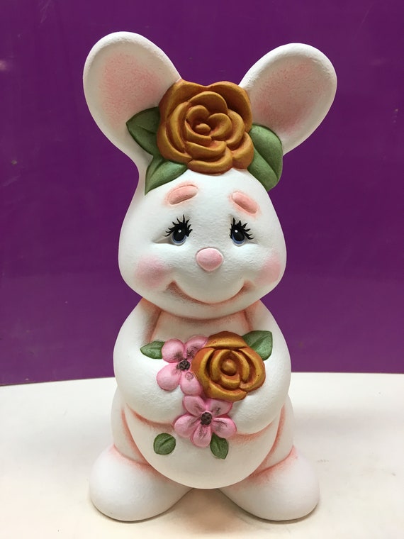 Large handmade ceramic standing bunny with flowers | Etsy