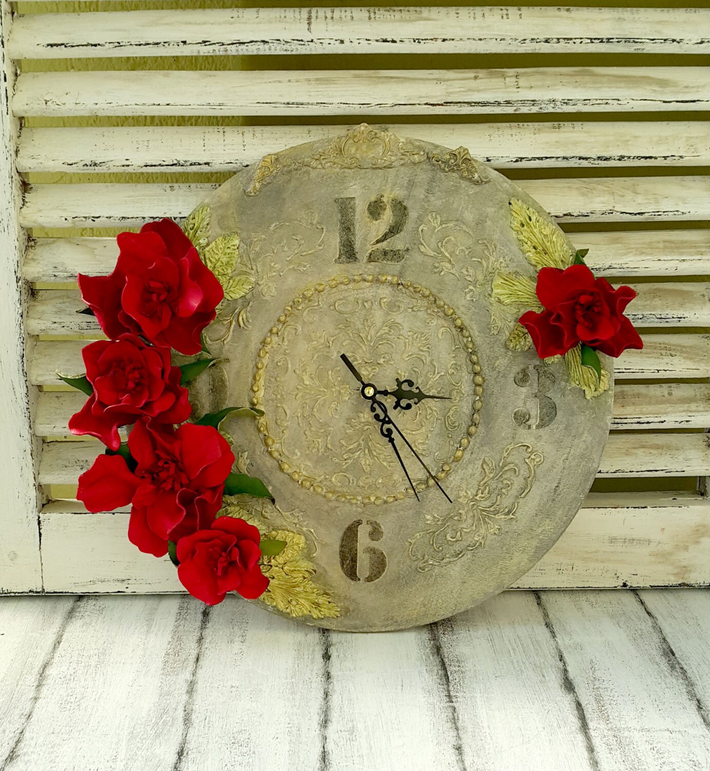Wood Wall Clock Chic, Red Roses Clock Rustic, Leather Roses Wall Clock ...
