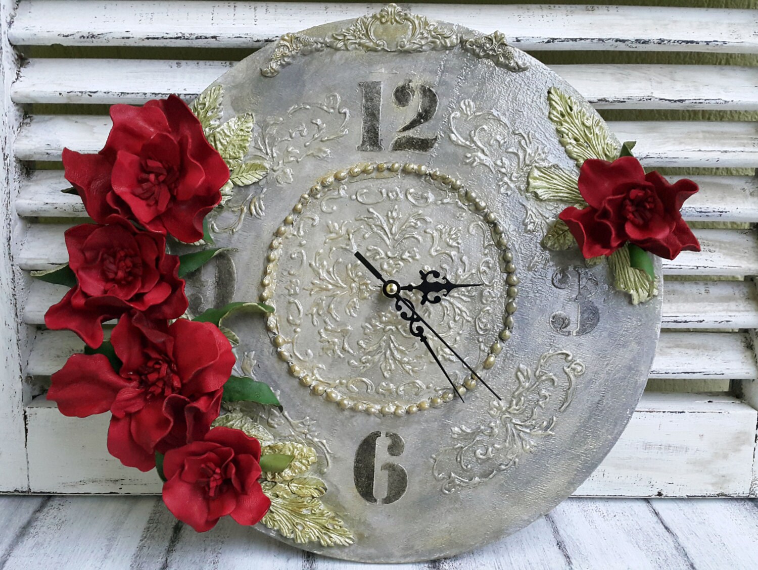 Wood Wall Clock Chic Red Roses Clock Rustic Leather Roses | Etsy
