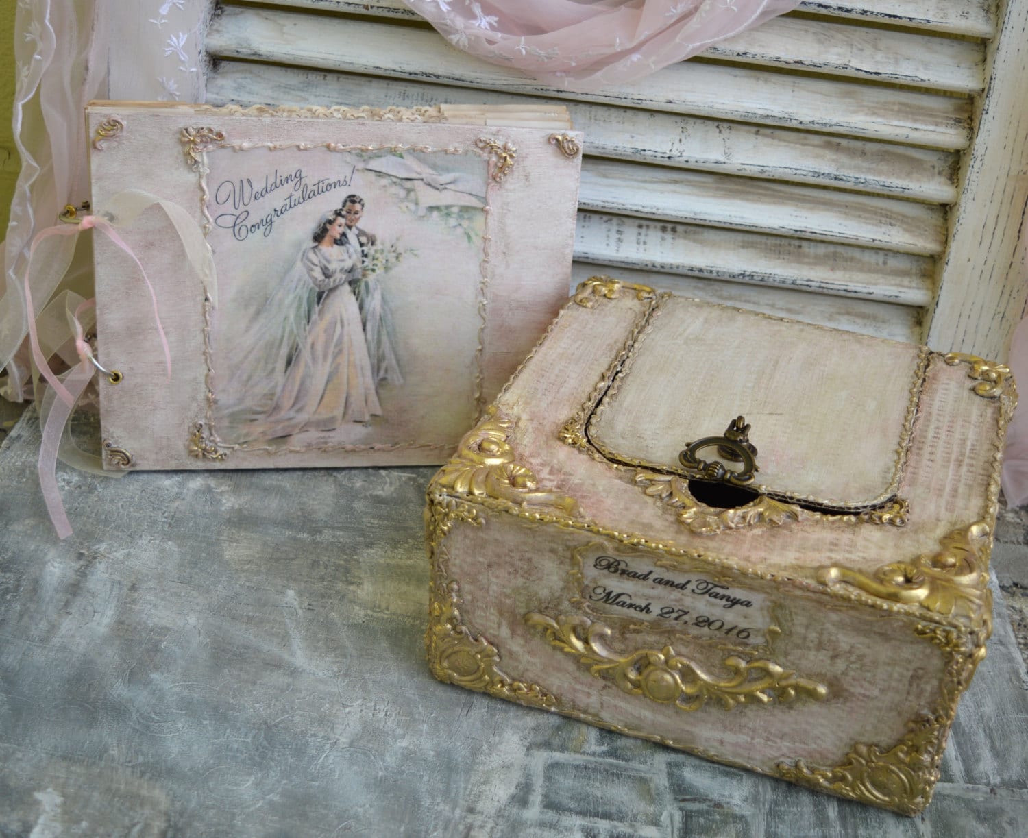 Vintage pink and ivory wedding box and a guest | Etsy