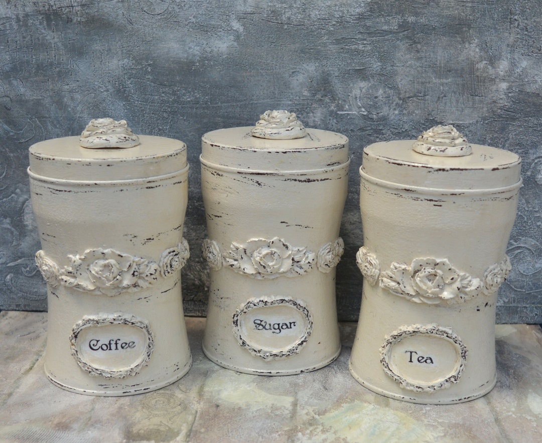 Canister,kitchen Canister,set of 3,tin Canister,storage Jar,cream With ...