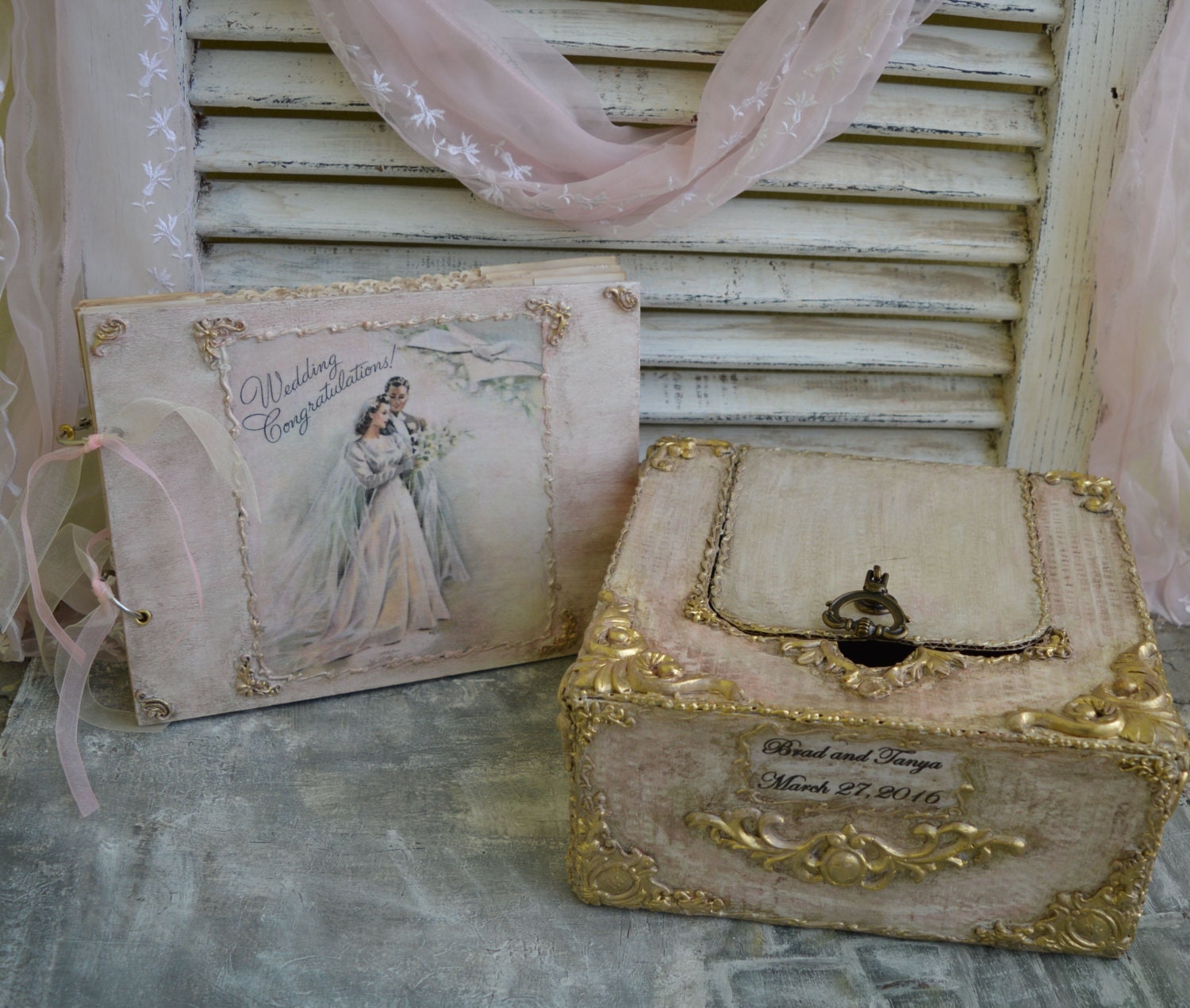 Vintage pink and ivory wedding box and a guest | Etsy