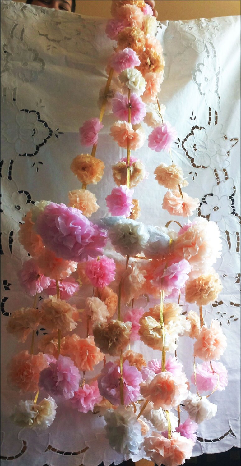 Tissue Paper Flower Garland,light Pink, Peach, Ivory, Gold,gold Twine ...