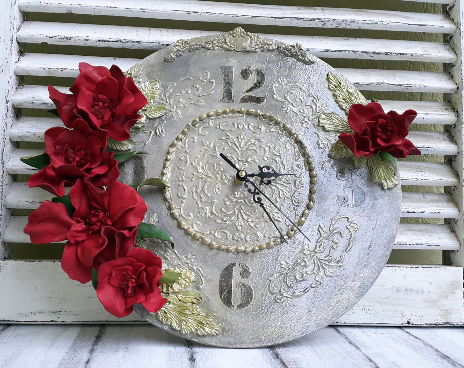 Wood Wall Clock Chic Red Roses Clock Rustic Leather Roses | Etsy