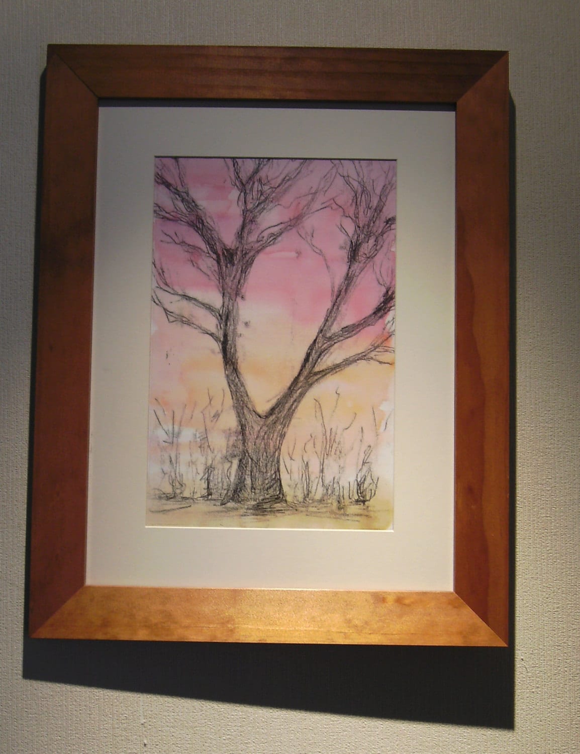 Tree at Sunset, Original Monoprint Over Red and Orange Watercolour Wash ...