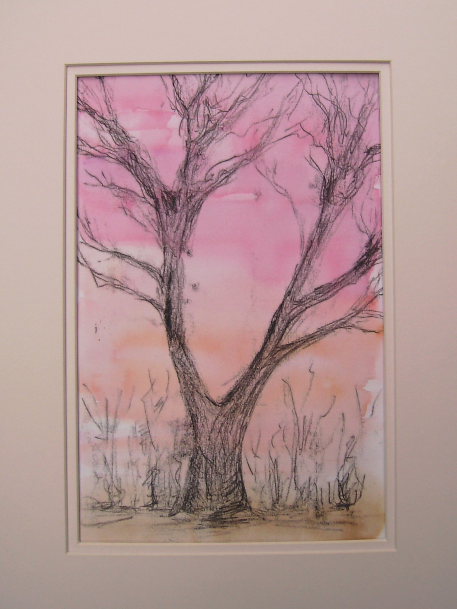 Tree at Sunset, Original Monoprint Over Red and Orange Watercolour Wash ...