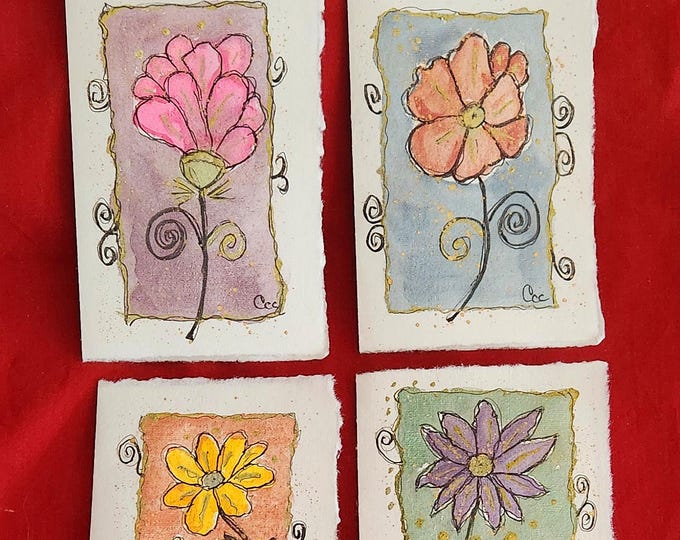 Original Watercolor Large Card Set of Four Cards 6 X 4 Floral Theme ...