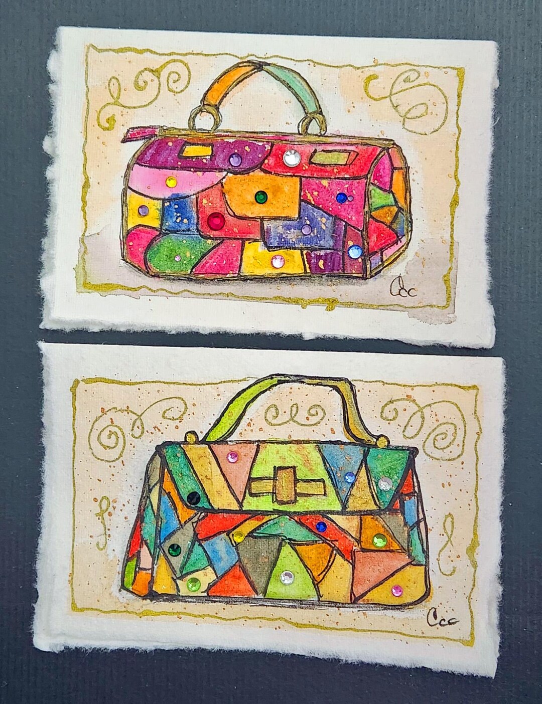Original Watercolor Large Card Set of Two Cards 6 X 4 Handbag Theme ...