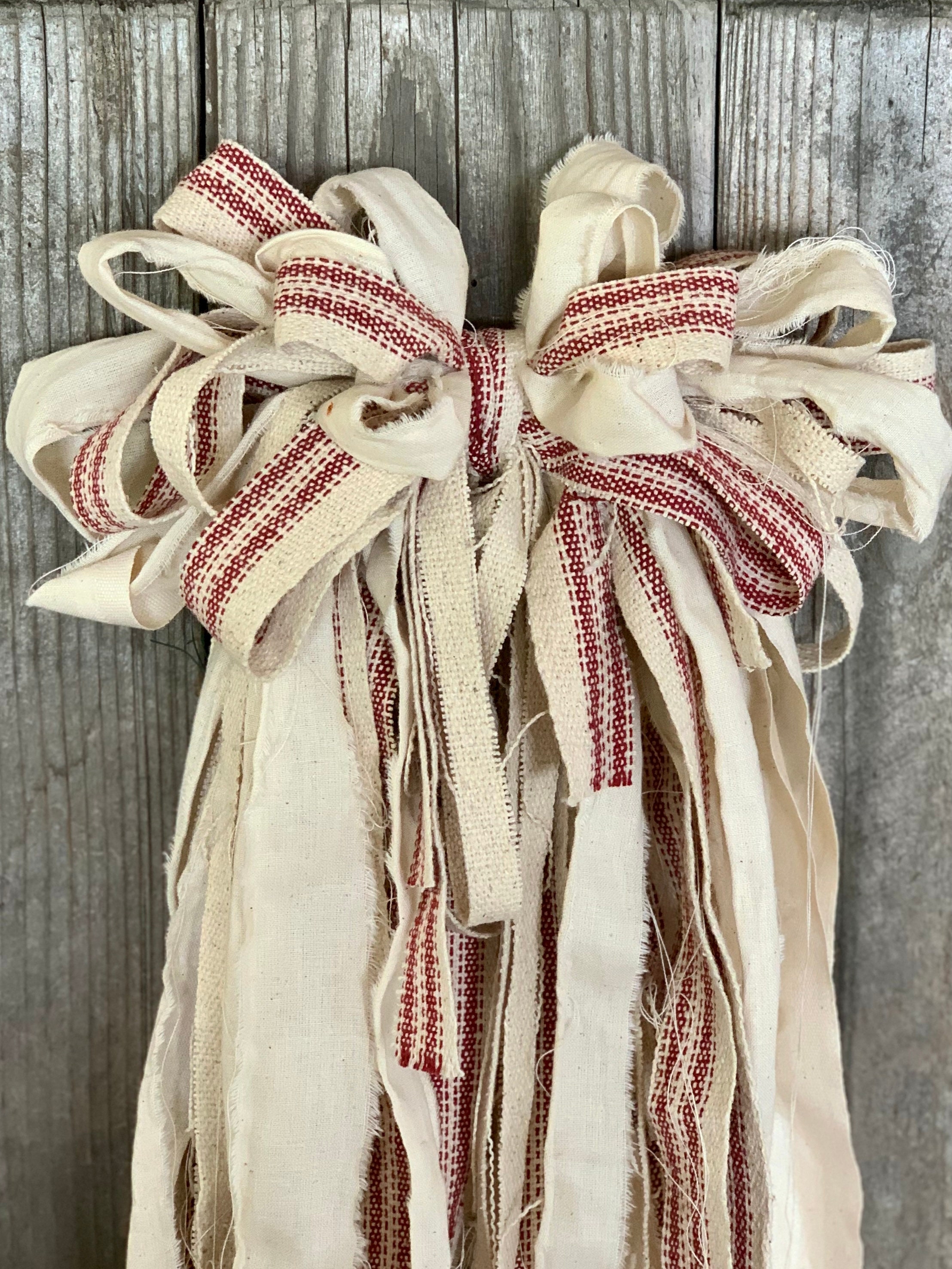 Rag Wreath Bow - Red, Beige, & Muslin - Grain Sack Bow - Wedding ...