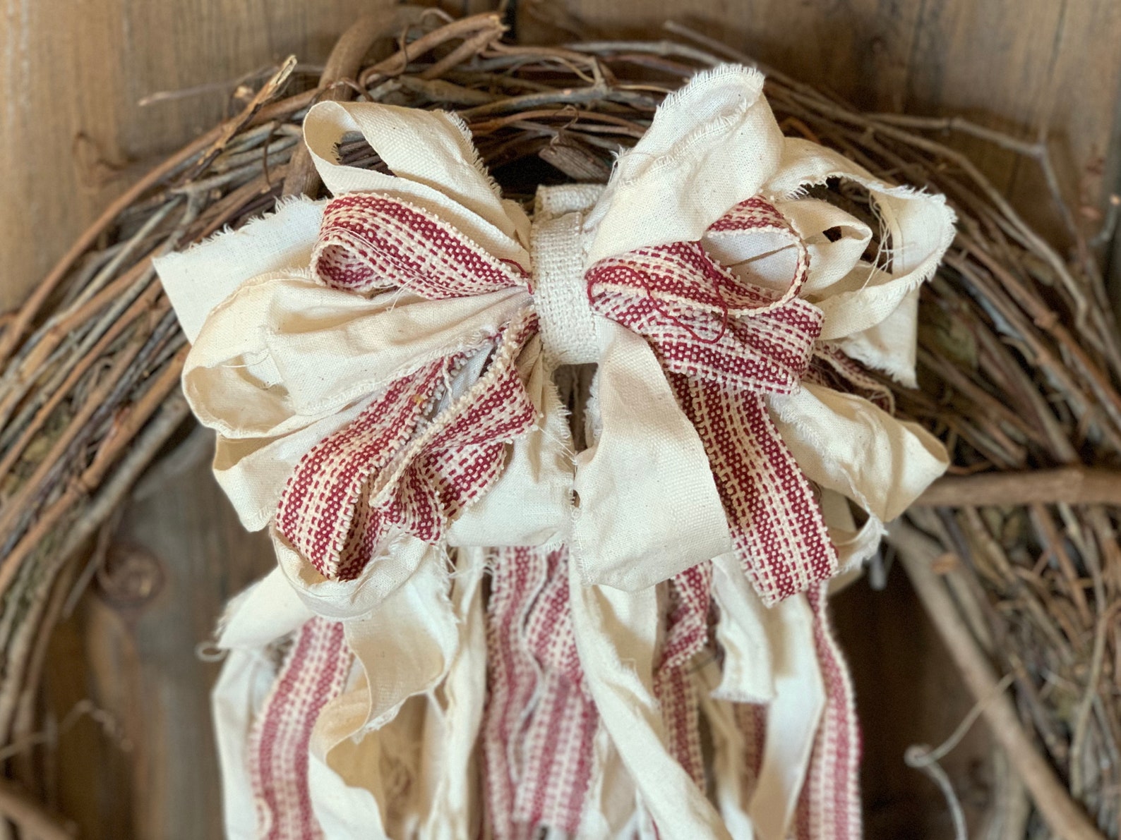 Rag Wreath Bow - Red, Beige, & Muslin - Grain Sack Bow - Wedding ...