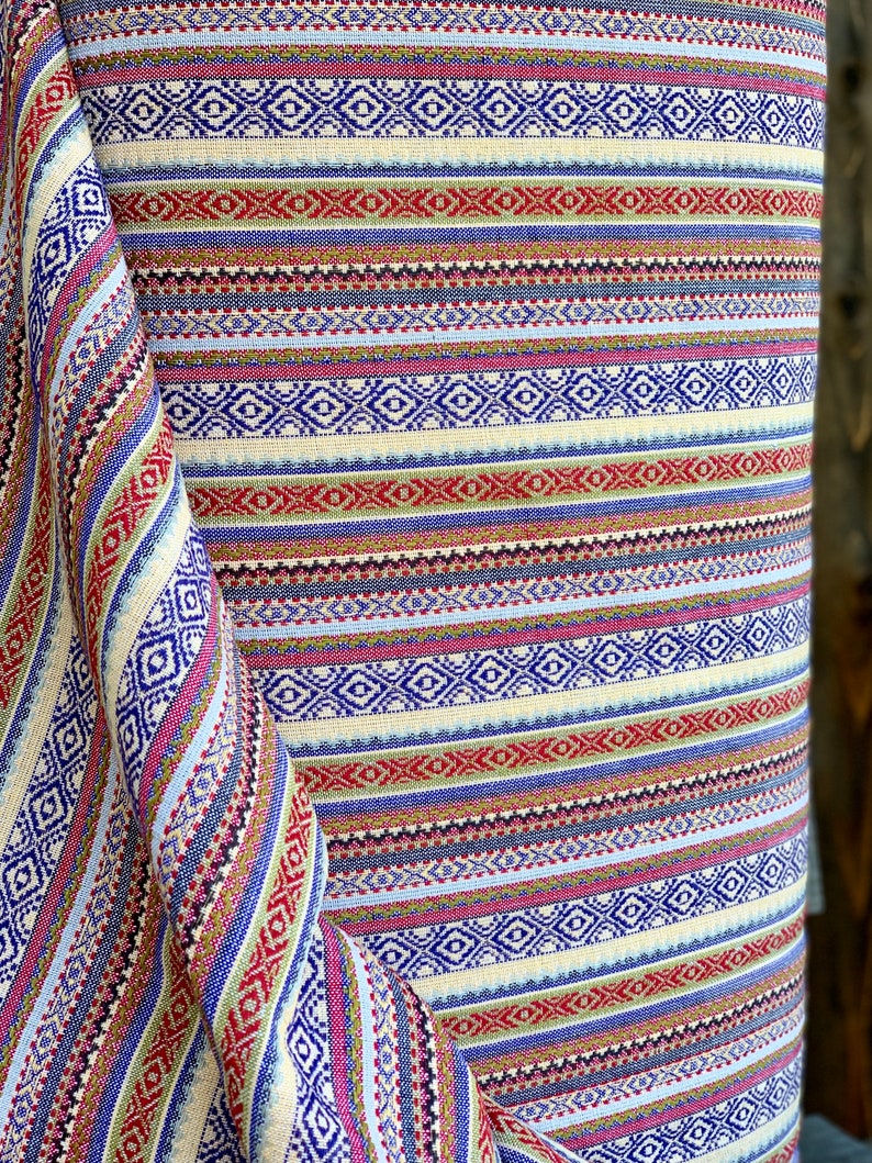 Dobby Boho Striped Fabric Pattern - Blue Green Geometric Striped ...