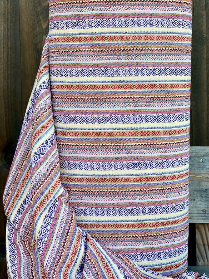Dobby Boho Striped Fabric Pattern - Blue Green Geometric Striped ...
