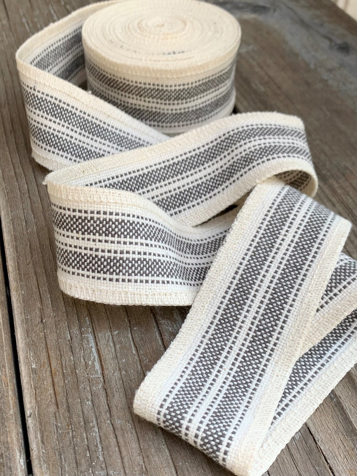 Grain Sack Ribbon - Gray and Cream Striped Ribbon - Fabric Ribbon ...