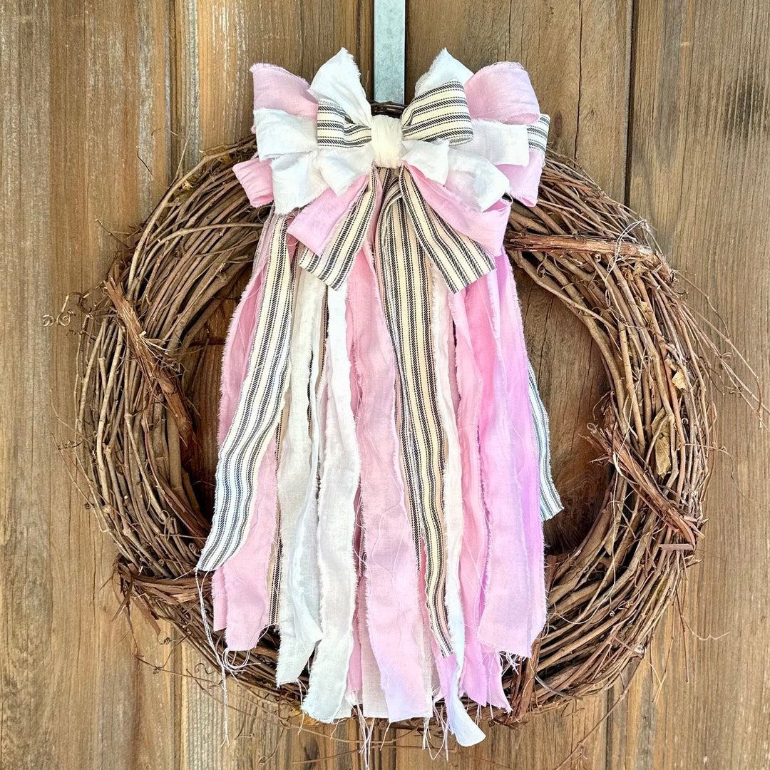 Valentine Rag Wreath Bow Pink, Black Ticking, and White Rag Bow ...