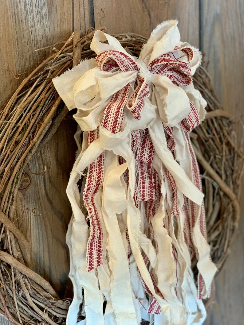Rag Wreath Bow - Red, Beige, & Muslin - Grain Sack Bow - Wedding ...