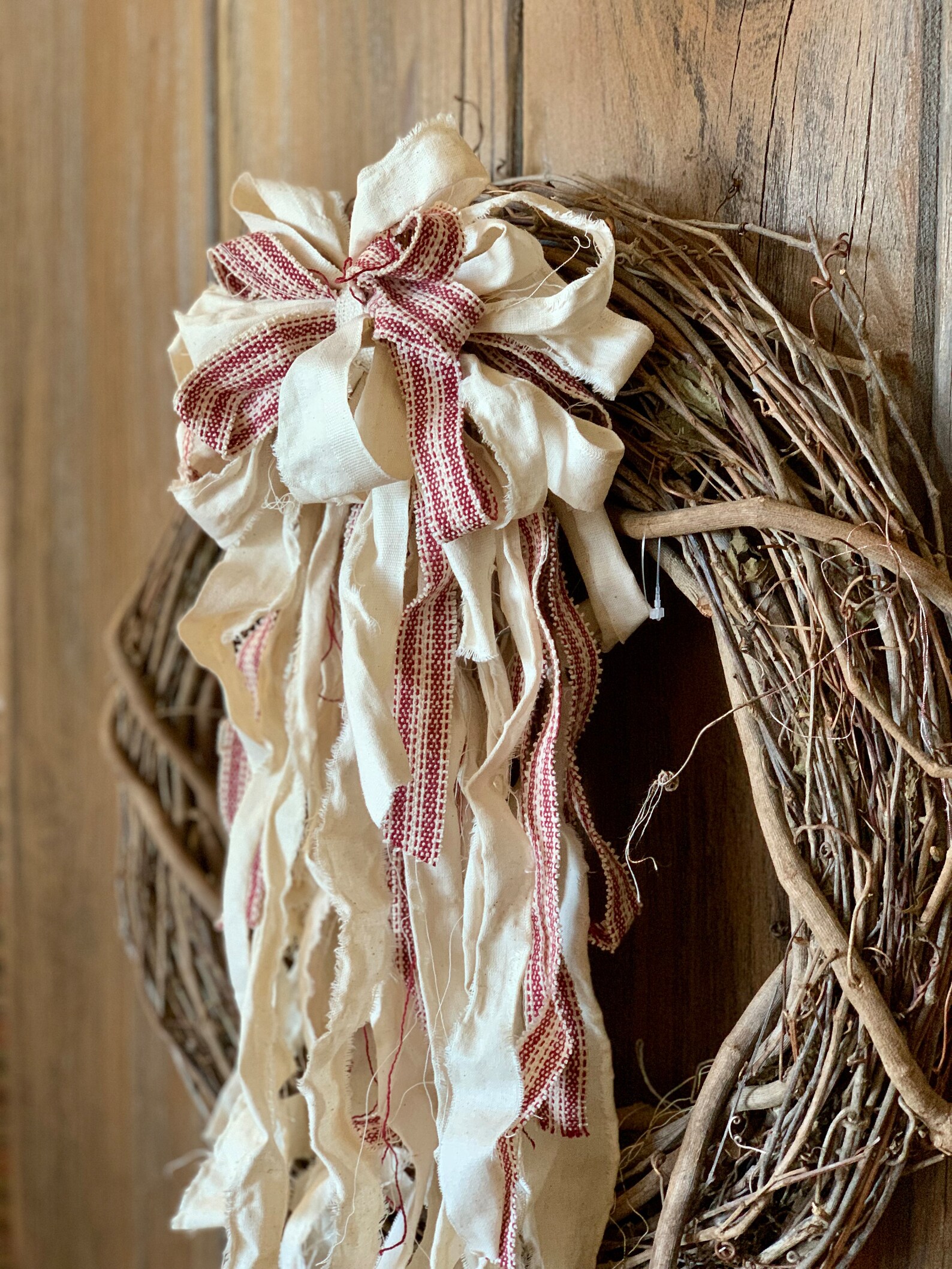 Rag Wreath Bow - Red, Beige, & Muslin - Grain Sack Bow - Wedding ...