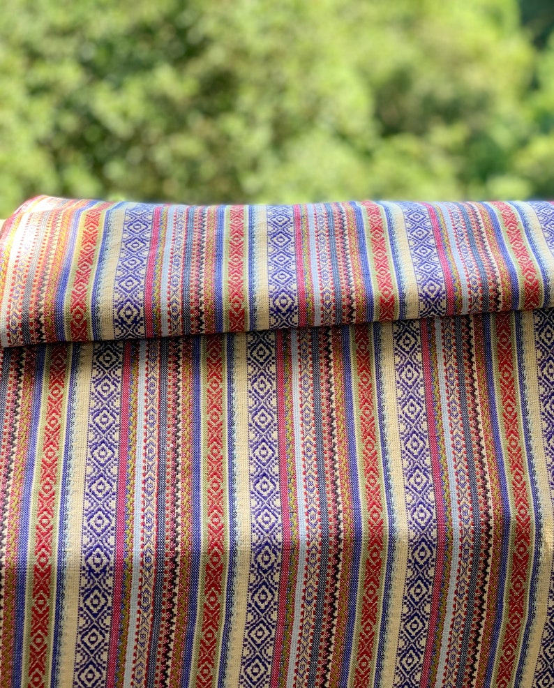 Dobby Boho Striped Fabric Pattern - Blue Green Geometric Striped ...